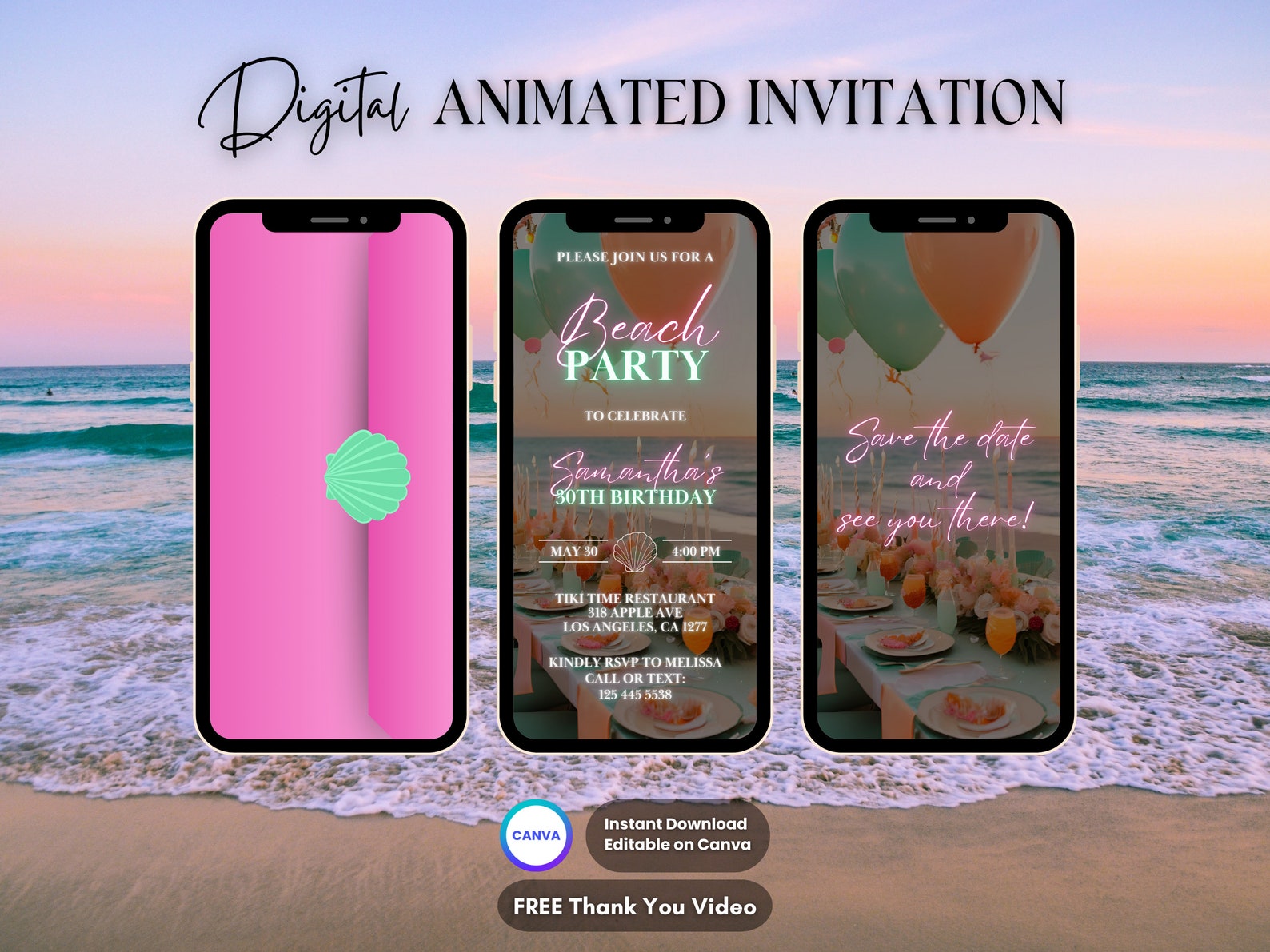 Beach Party Invitation, Green Beach Birthday Party Animated Invitation ...
