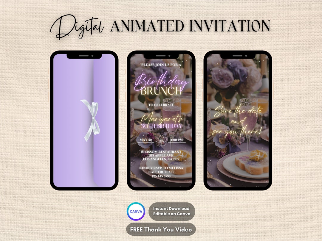 Purple Brunch Invitation, Birthday Brunch Animated Invitation, Editable ...