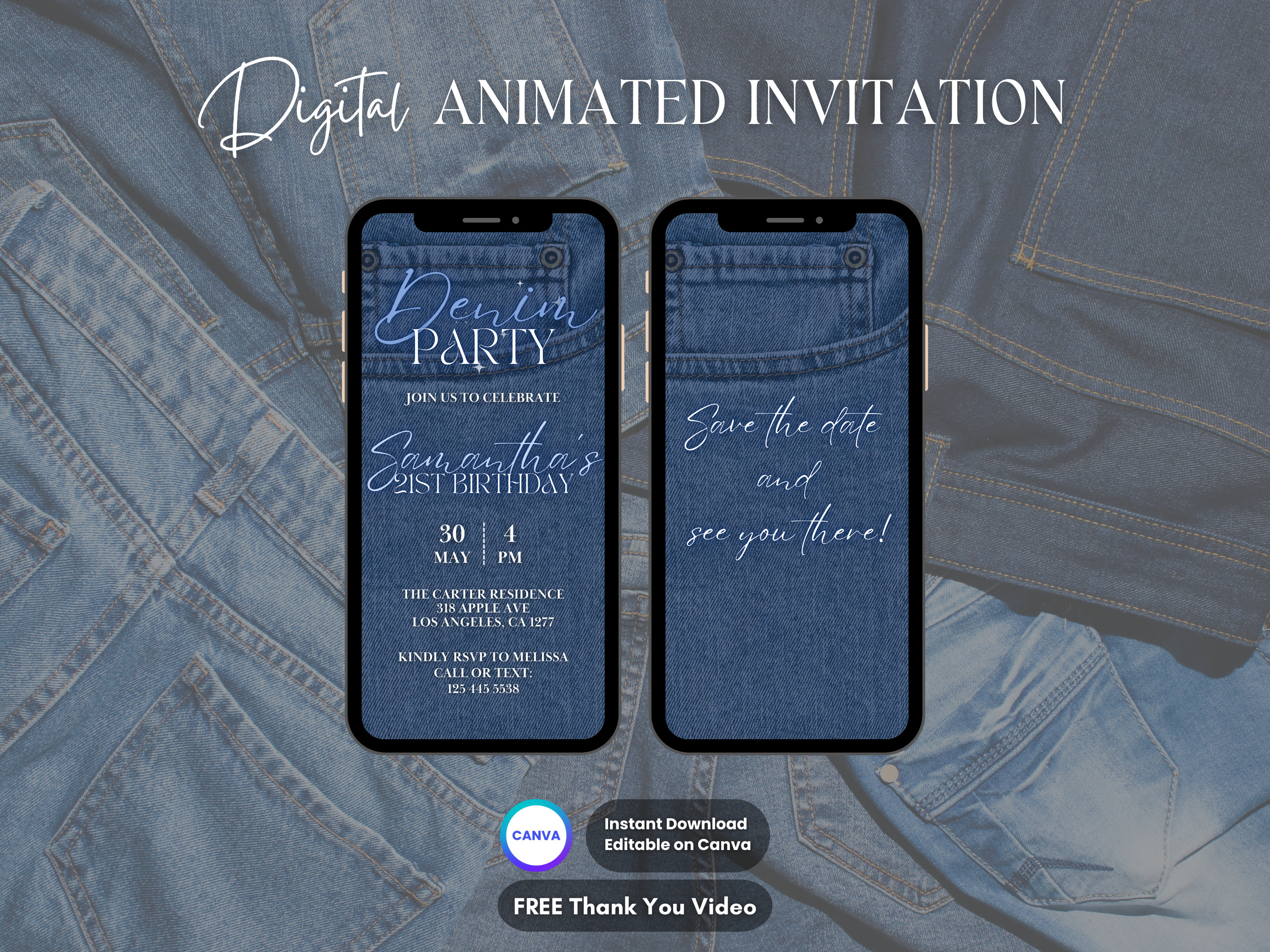Denim Party Invitation, Denim Birthday Animated Invitation, Editable ...