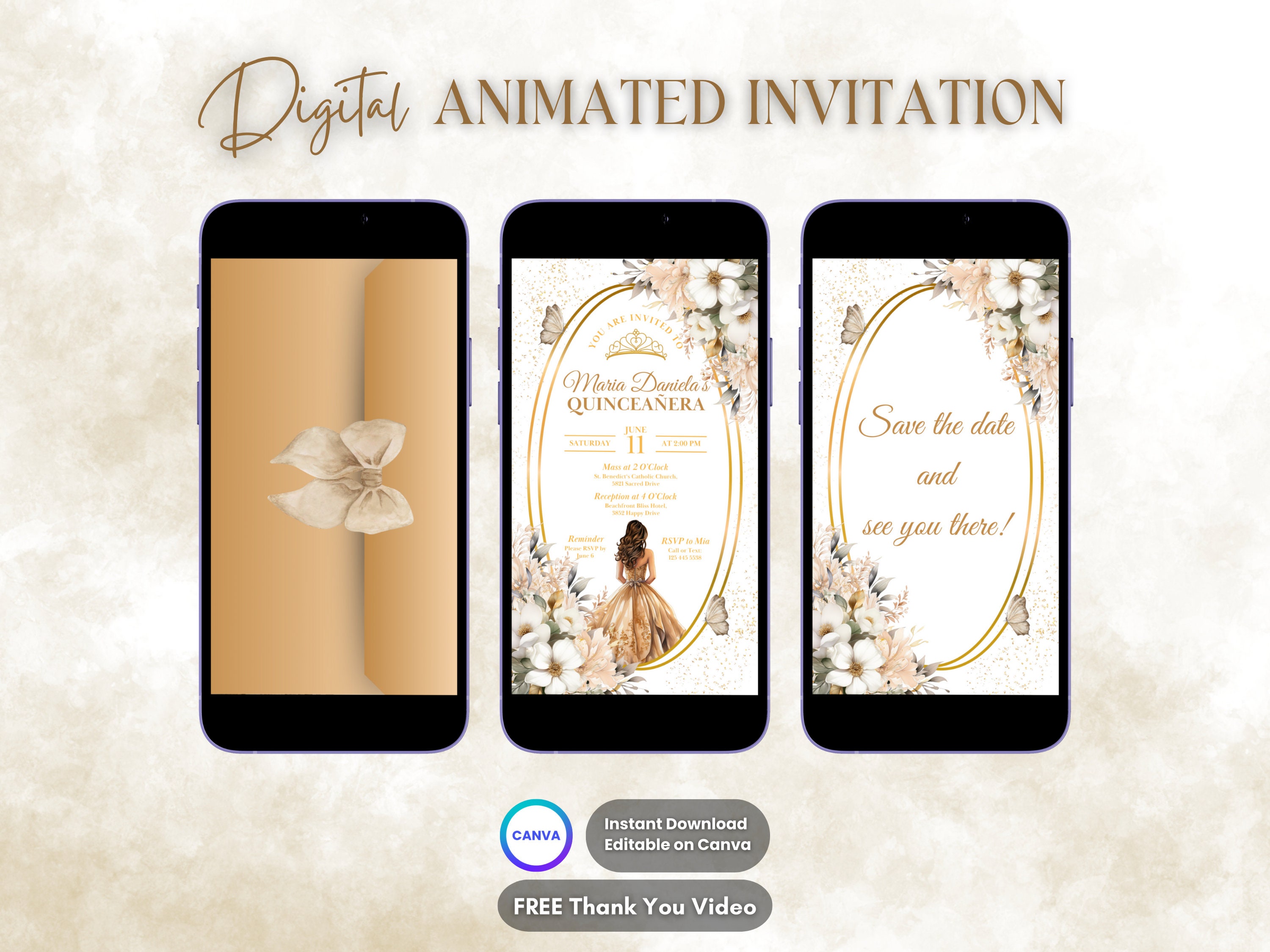 Quinceanera Invitation, Champagne Quinceanera Animated Invitation ...