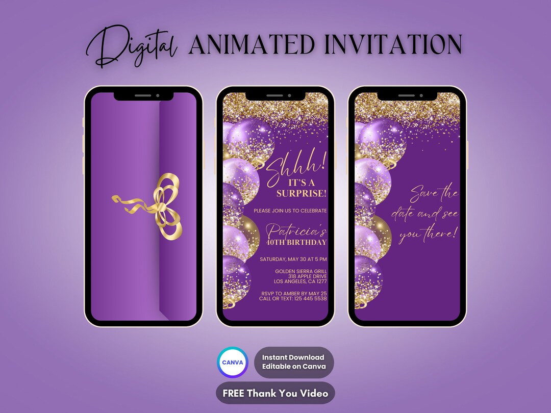 Surprise Party Invitation, Purple and Gold Surprise Animated Invitation ...