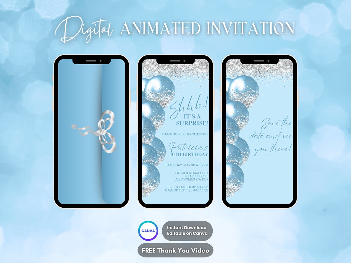 Surprise Party Invitation, Light Blue and Silver Surprise Animated ...