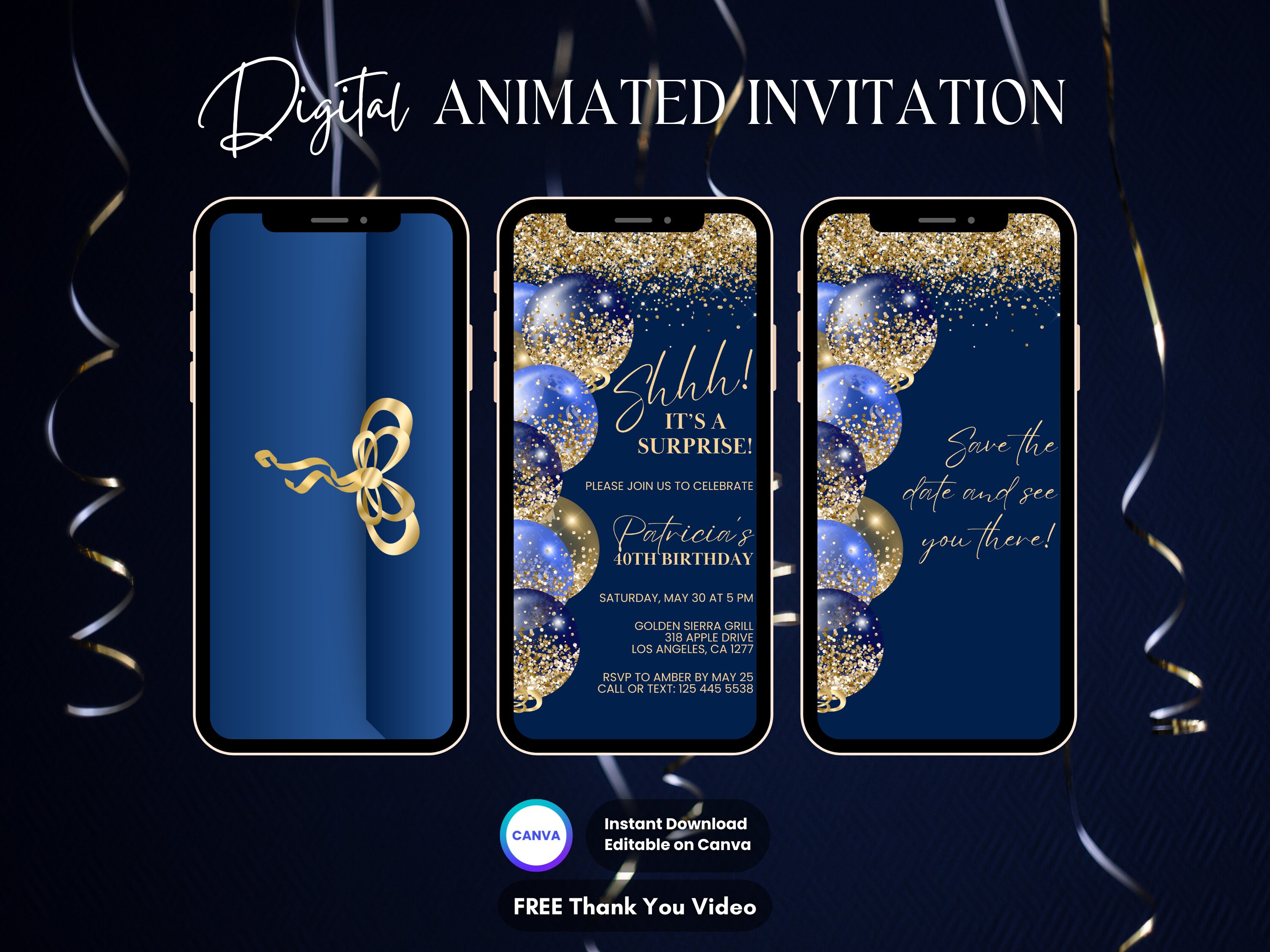 Surprise Party Invitation, Blue and Gold Surprise Animated Invitation ...