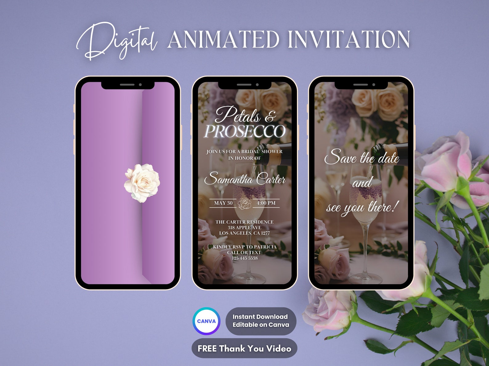 Purple Petals & Prosecco Invitation, Petals and Prosecco Animated ...