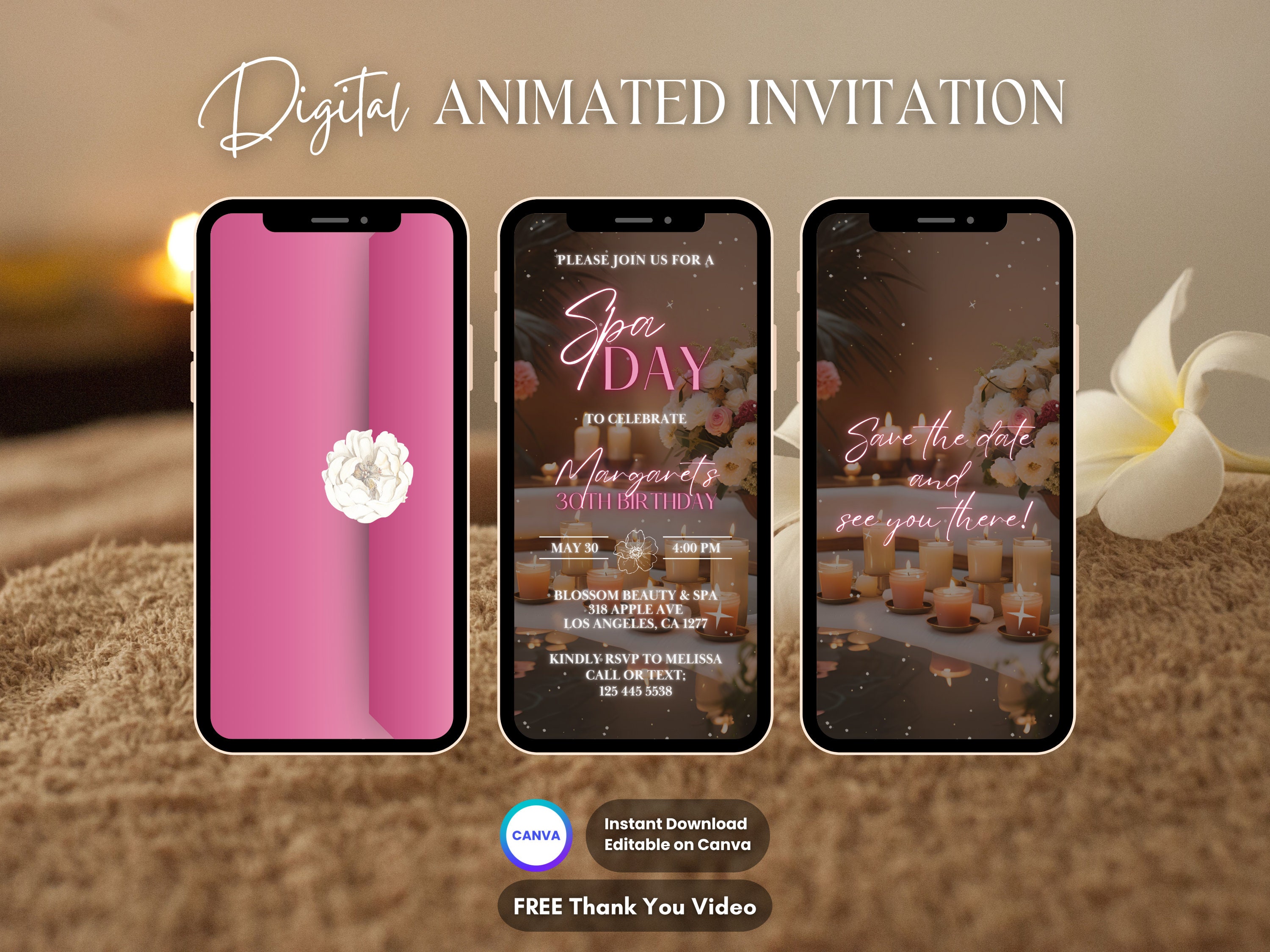 Spa Day Invitation, Spa Birthday Party Animated Invitation, Editable ...