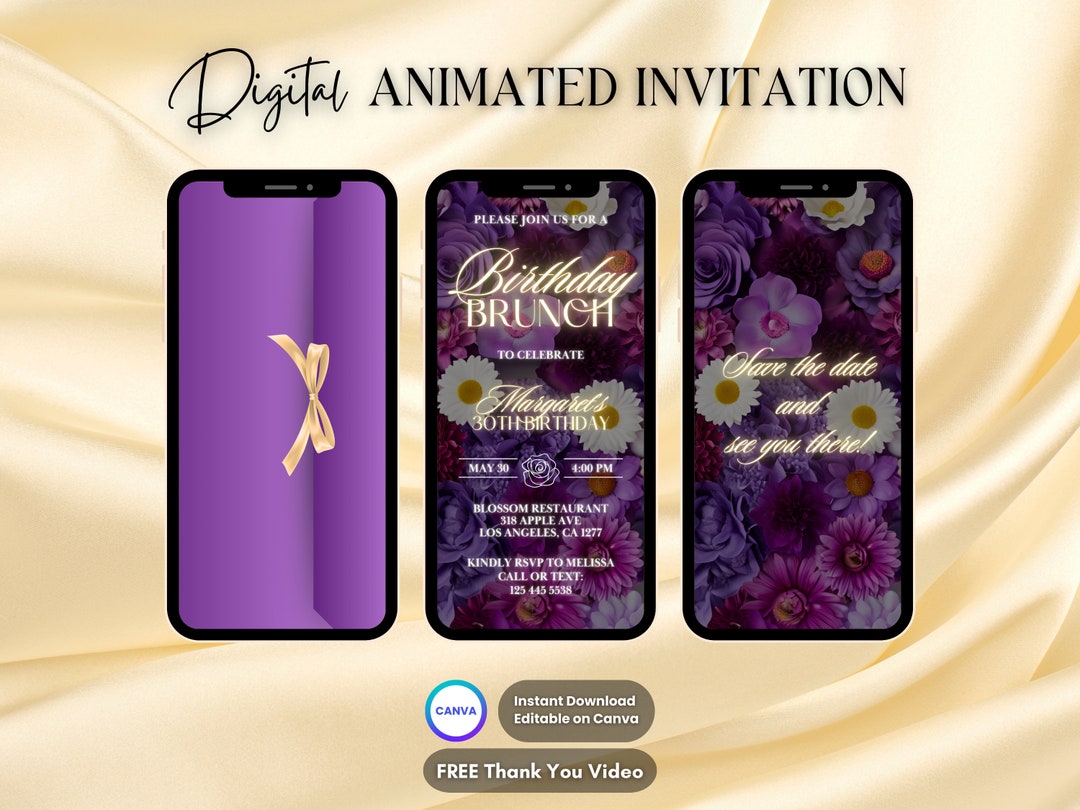 Purple Brunch Invitation, Birthday Brunch Animated Invitation, Editable ...