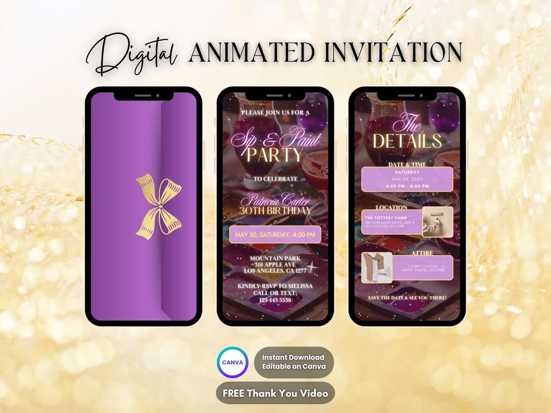 Purple Sip & Paint Invitation, Sip and Paint Party Animated Invitation ...