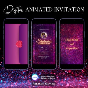 Purple Glitter Birthday Invitation, Animated Invitation, Electronic ...