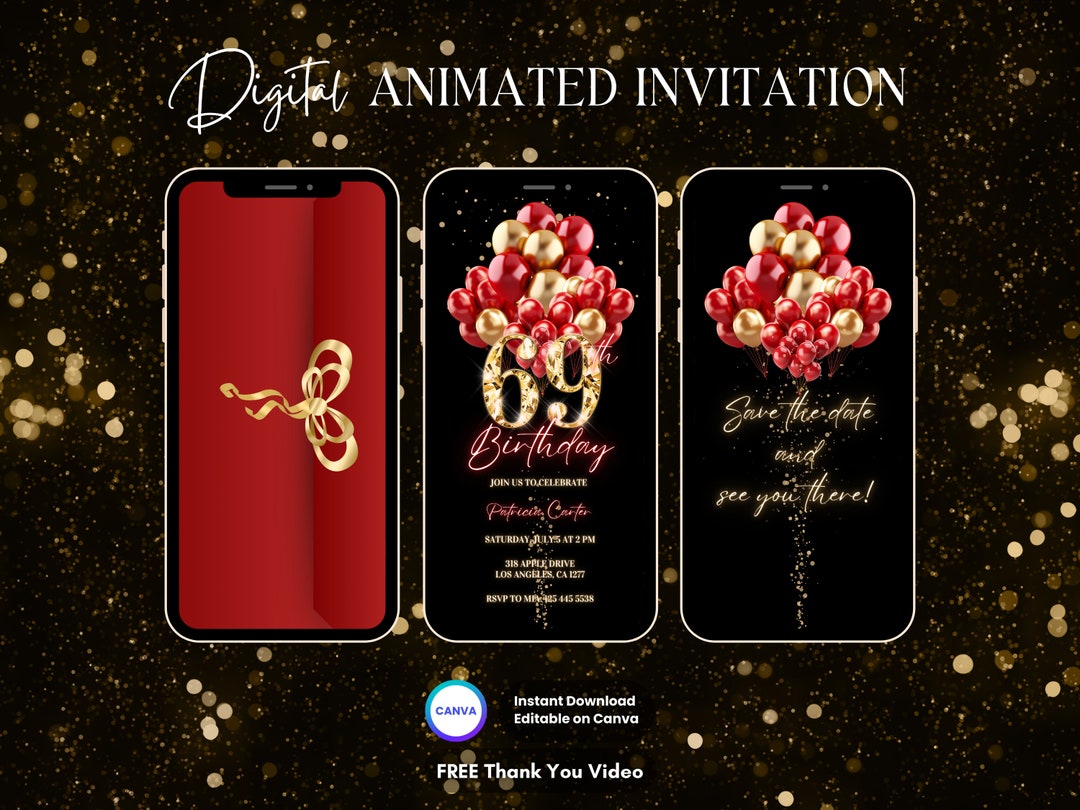 69th Birthday Invitation, Red Gold 69th Birthday Party Animated ...
