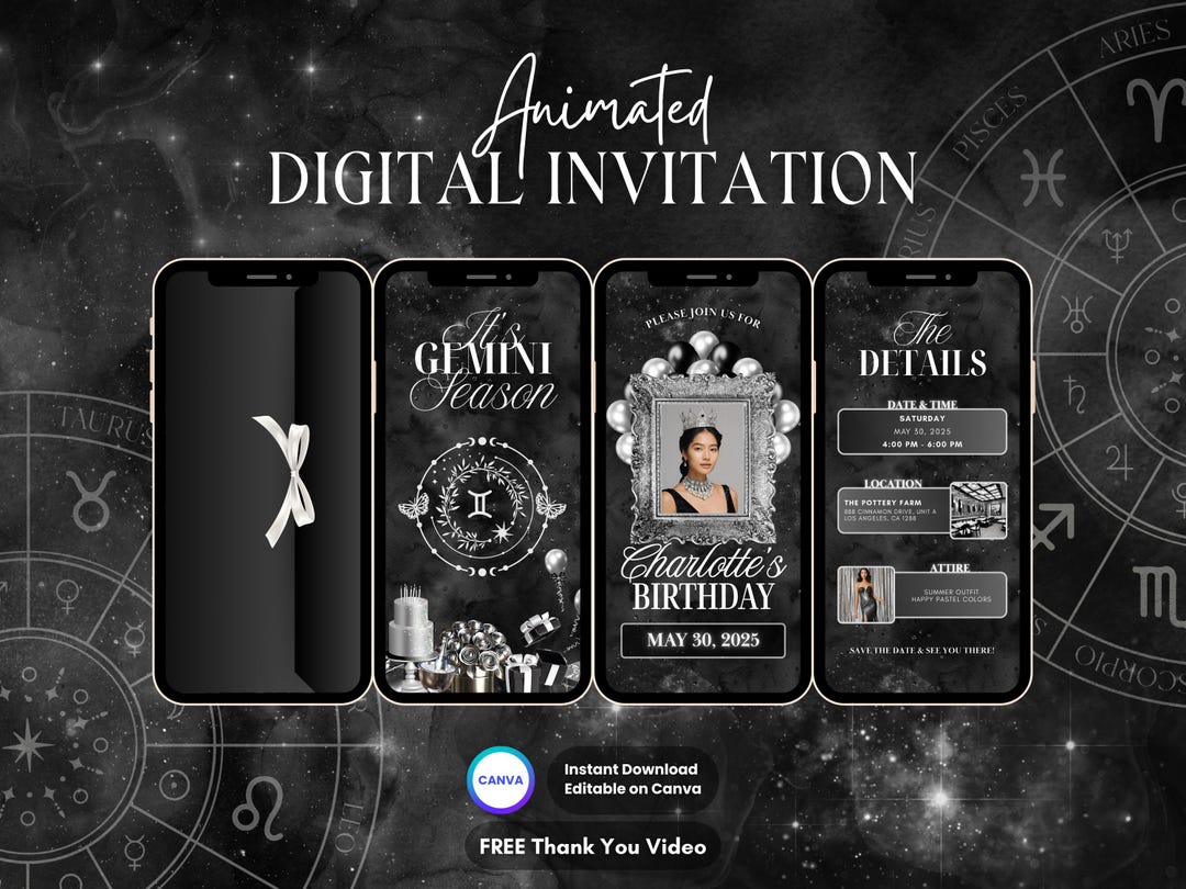 Gemini Birthday Invitation, Zodiac Sign Animated Invitation, Gemini ...