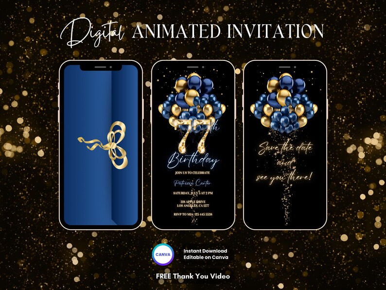 77th Birthday Invitation, Blue Gold 77th Birthday Party Animated ...