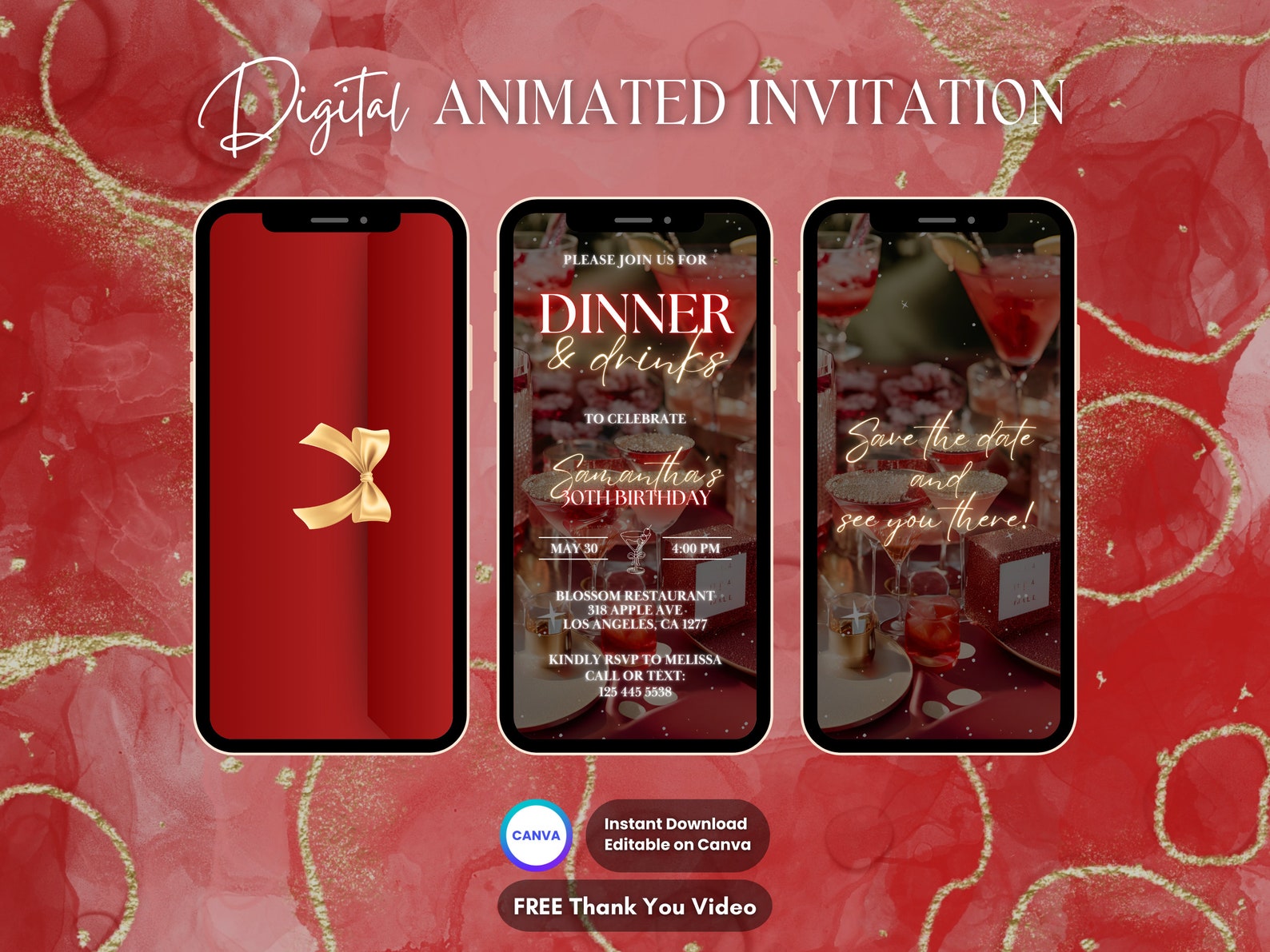 Dinner and Drinks Invitation, Red Gold Birthday Dinner Animated ...