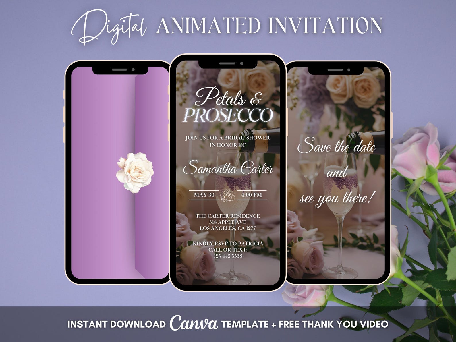 Purple Petals & Prosecco Invitation, Petals and Prosecco Animated ...