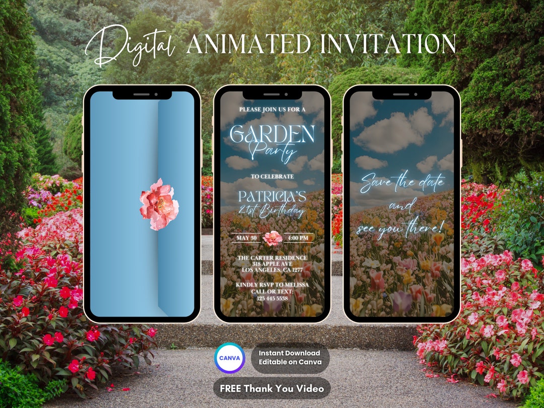 Garden Party Invitation, Blue Floral Garden Animated Invitation ...