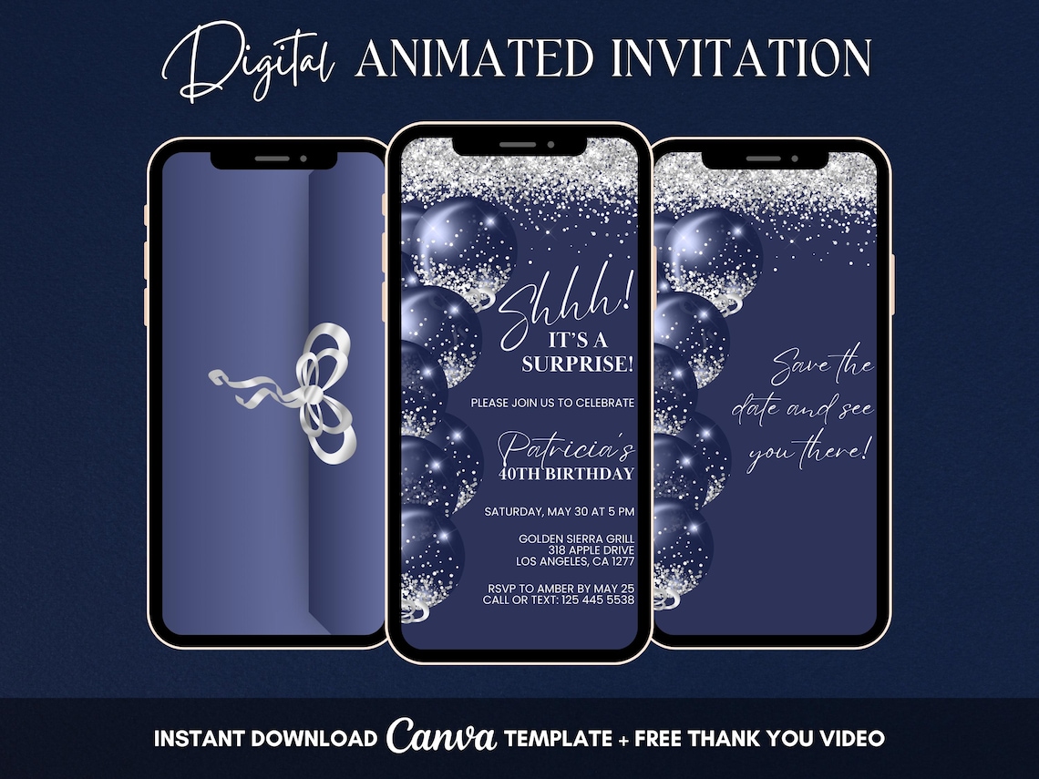 Surprise Party Invitation, Midnight Blue and Silver Surprise Animated ...