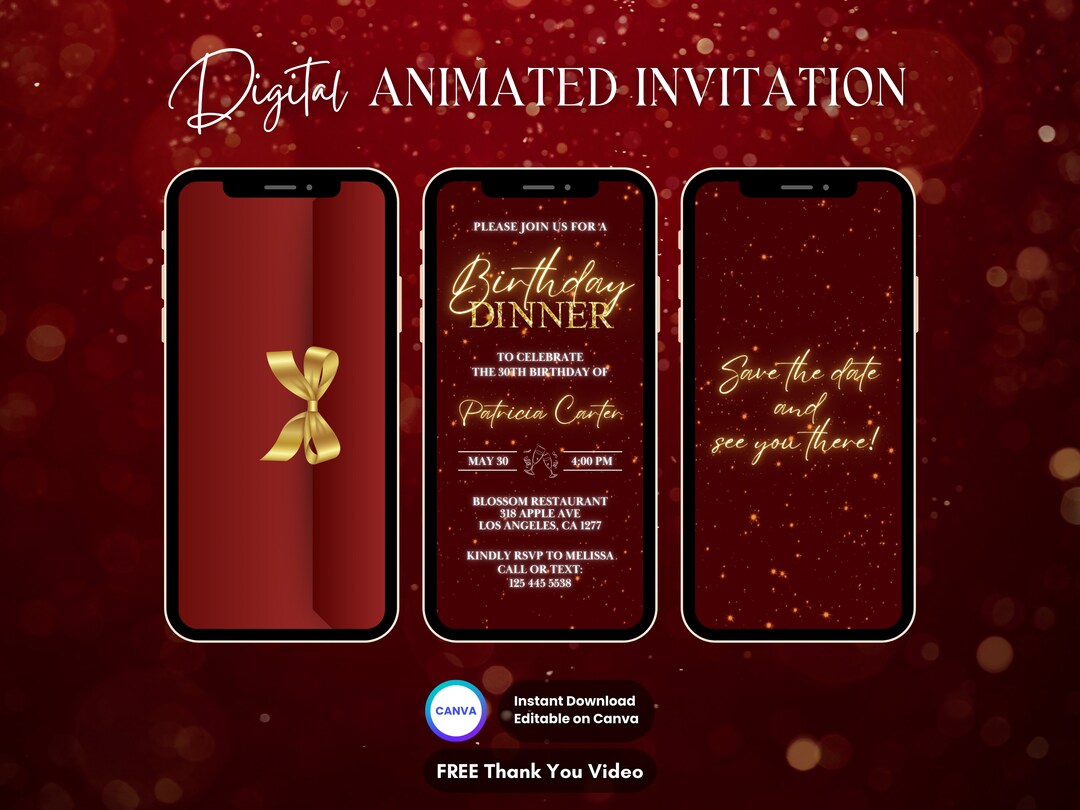 Birthday Dinner Invitation, Gold Red Dinner Party Animated Invitation ...