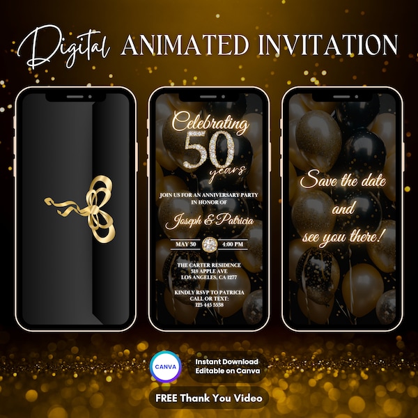 Gold Glitter Birthday Invitation, Animated Invitation, Electronic ...