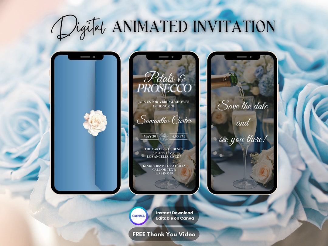 Blue Petals & Prosecco Invitation, Petals and Prosecco Animated ...