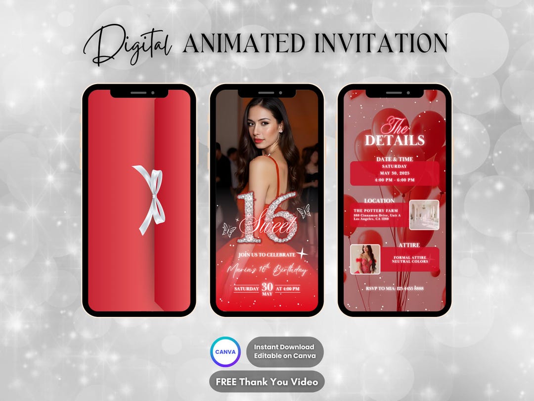 Red Sweet 16 Invitation, 16th Birthday Party Animated Invitation ...