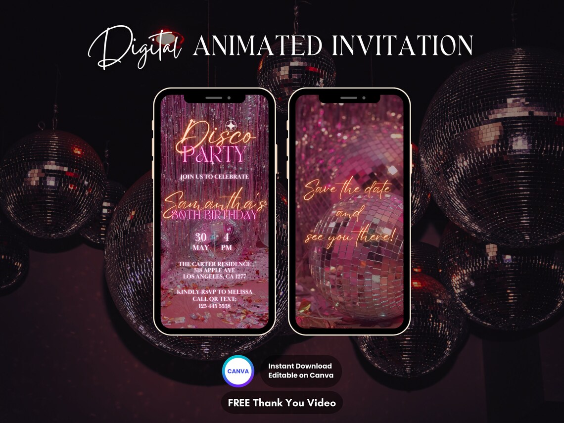 Pink Disco Party Invitation, Disco Birthday Party Animated Invitation ...