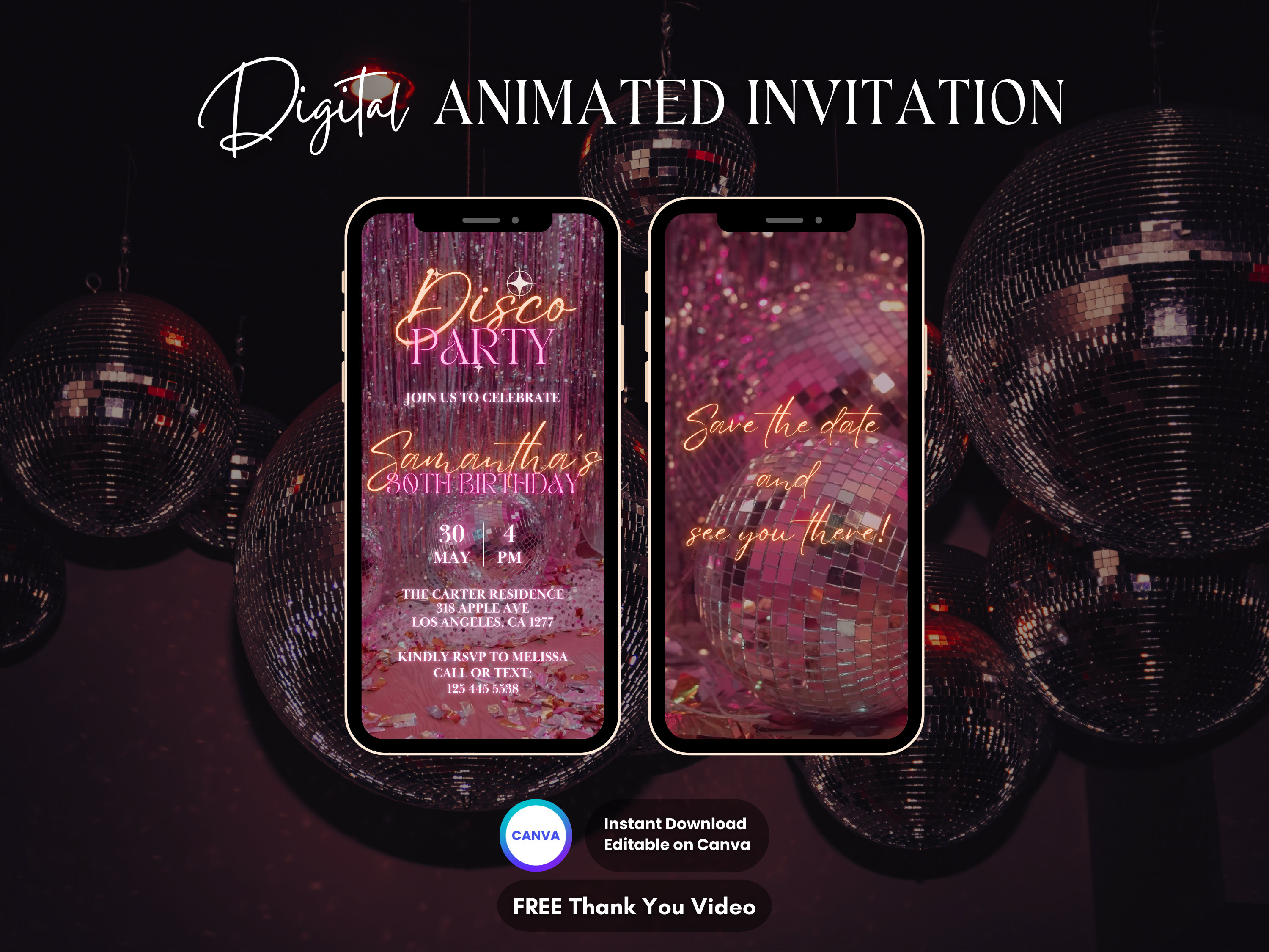 Pink Disco Party Invitation, Disco Birthday Party Animated Invitation ...