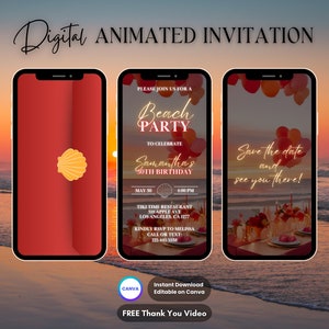 Beach Party Invitation, Red Beach Birthday Party Animated Invitation ...
