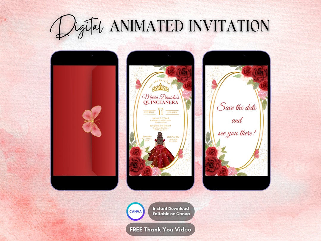 Quinceanera Invitation, Red Quinceanera Animated Invitation, Editable ...