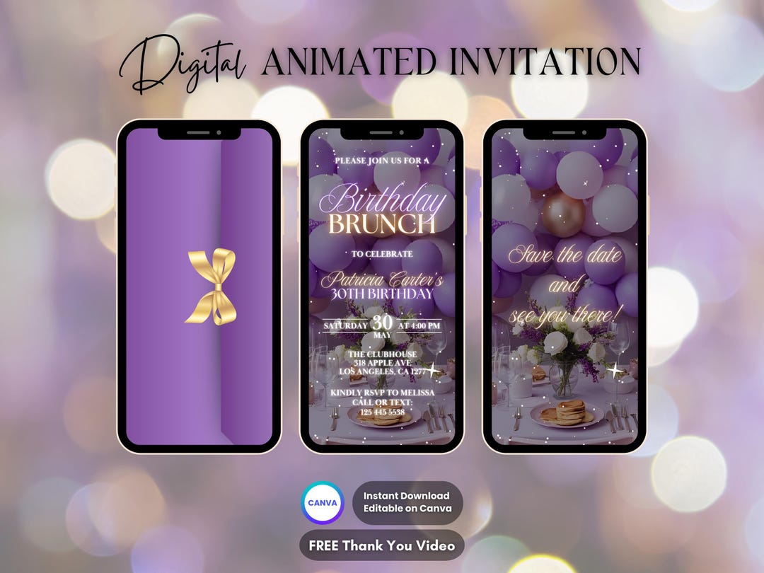 Purple Birthday Brunch Invitation, Brunch Animated Invitation, Editable ...