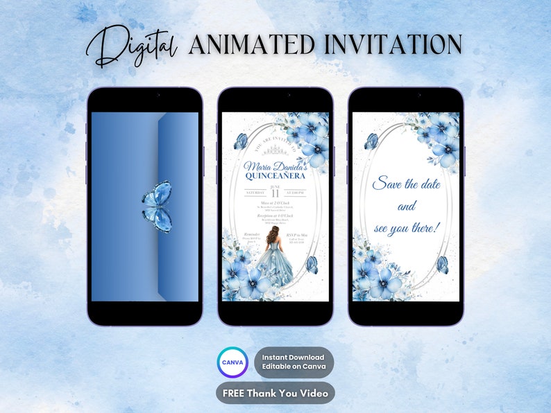 Quinceanera Invitation, Blue Quinceanera Animated Invitation, Editable ...