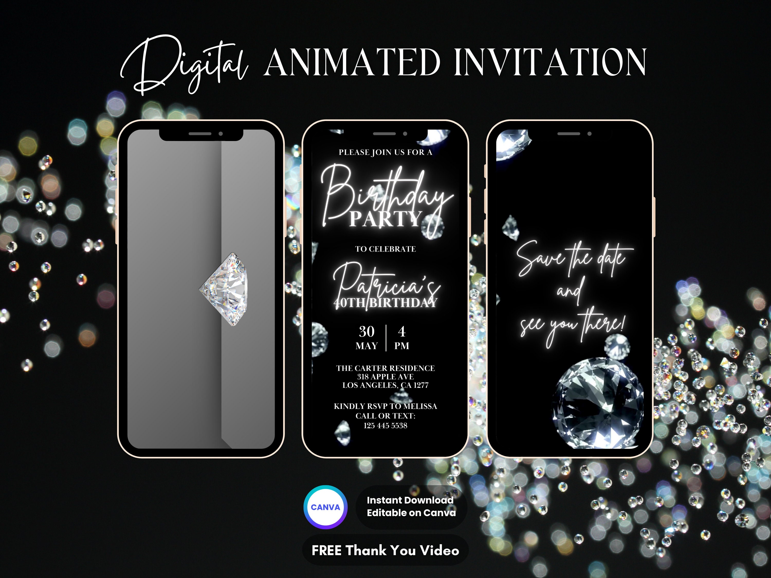 Diamond Party Invitation, Diamond Birthday Party Animated Invitation ...