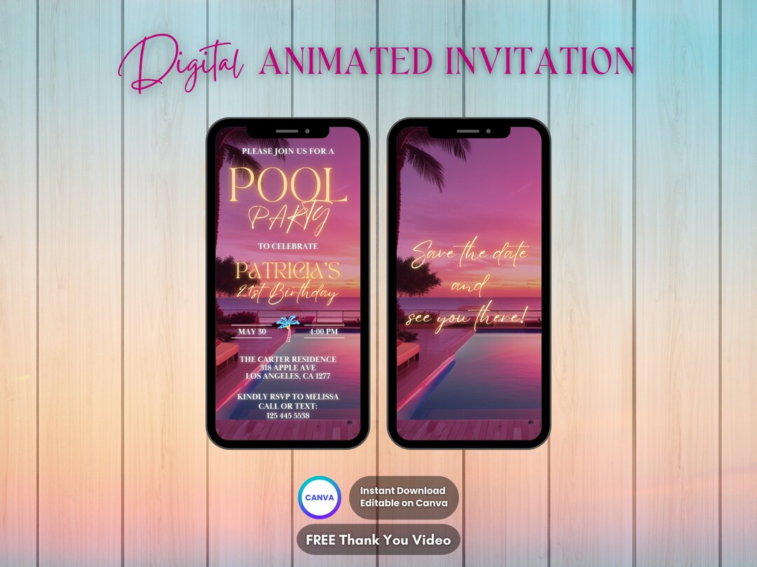 Sunset Pool Party Invitation, Pool Birthday Animated Invitation, Electronic Pool Party ...