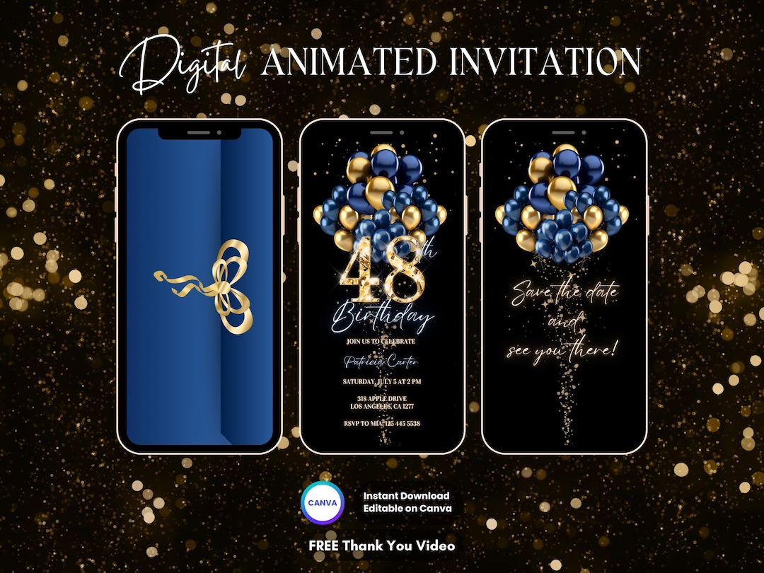 48th Birthday Invitation, Blue Gold 48th Birthday Party Animated ...