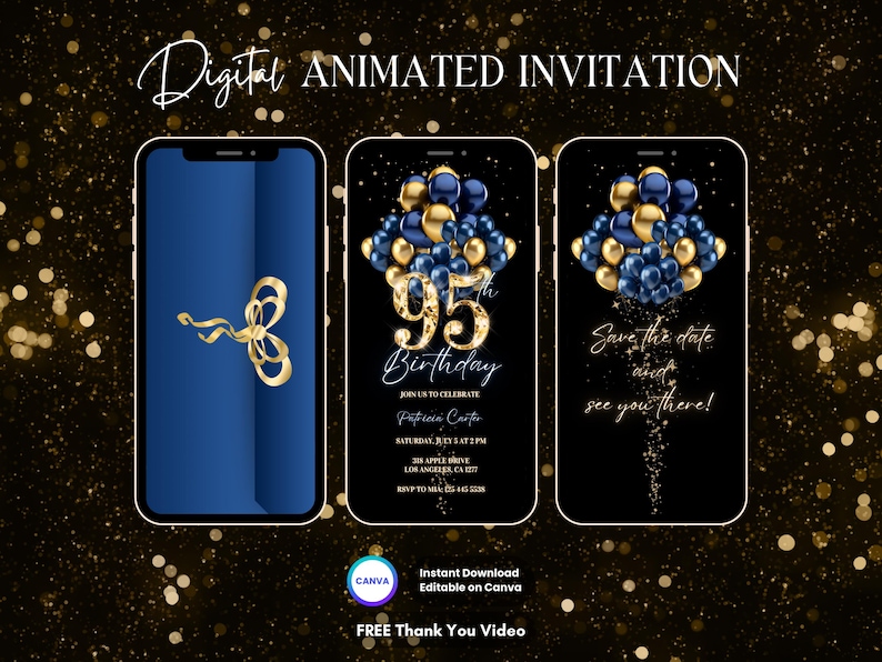 95th Birthday Invitation, Blue Gold 95th Birthday Party Animated ...