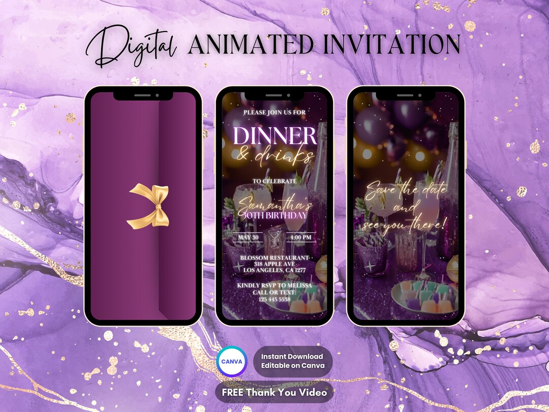 Dinner and Drinks Invitation, Purple Gold Birthday Dinner Animated ...