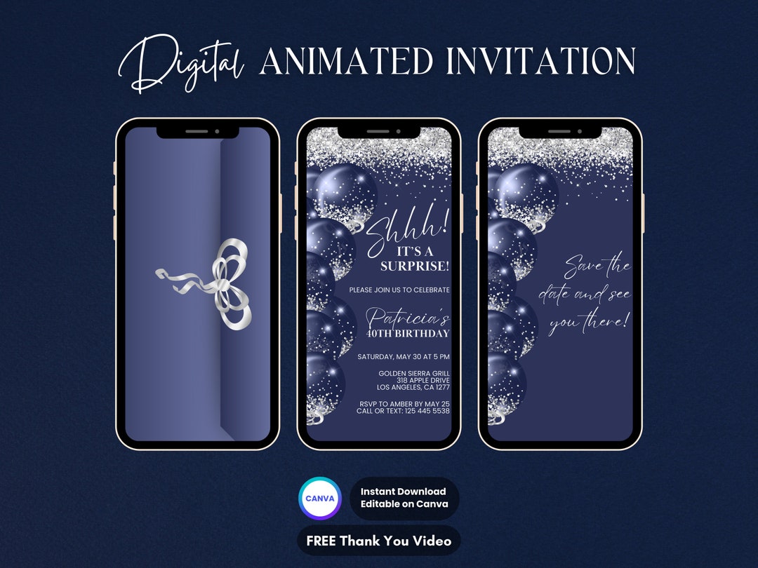 Surprise Party Invitation, Midnight Blue and Silver Surprise Animated ...