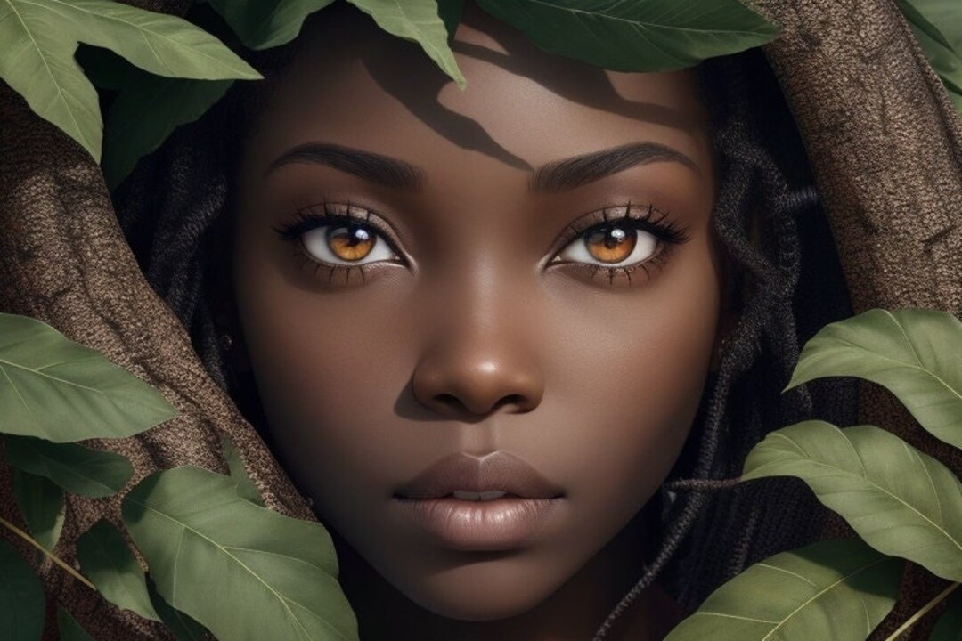 Enigmatic Beauty, Black Woman Face, Tree Leaves, Digital Art Portrait ...