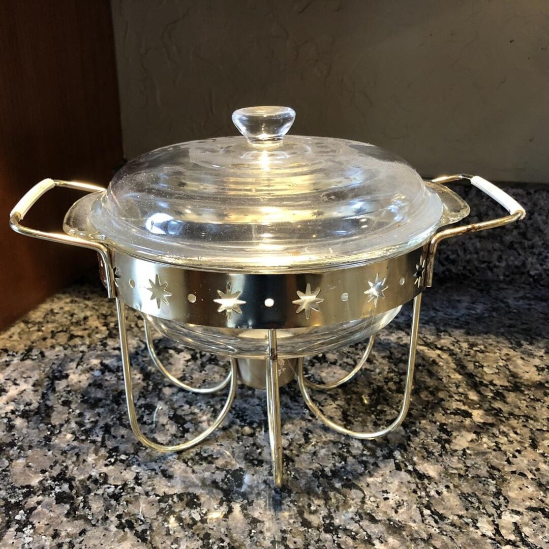 Vintage Fire King Atomic Starburst MCM Warming Casserole Dish W/ Brass ...