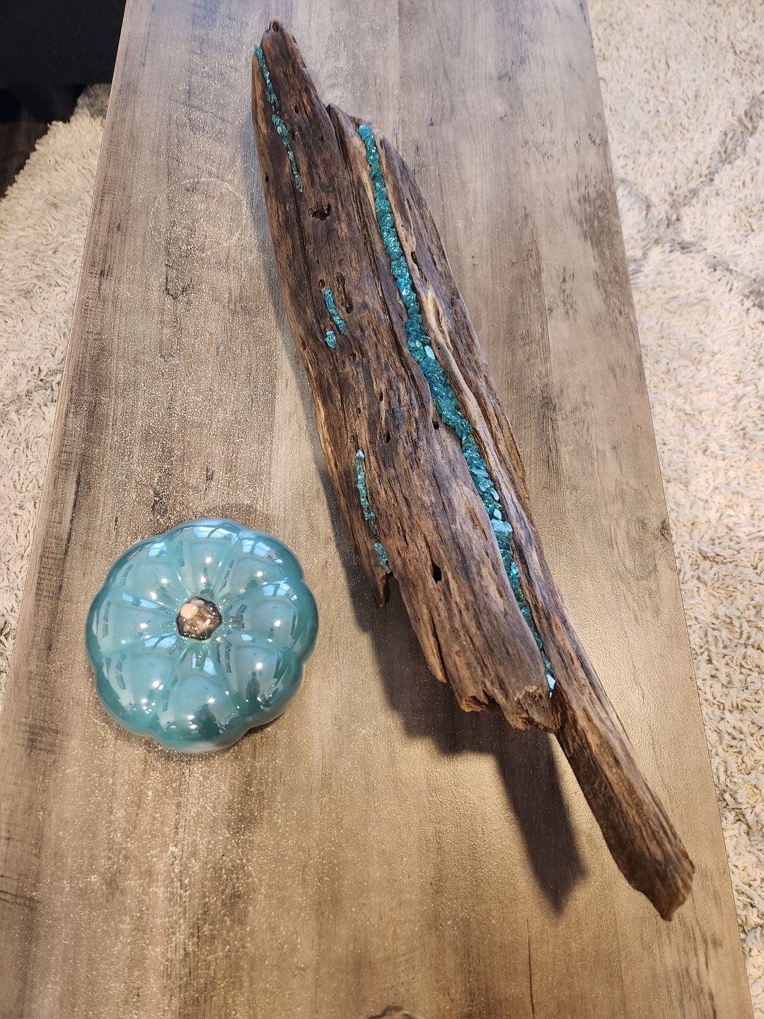 Driftwood Table Top Piece With Sea Glass (color Options for Glass) - Etsy