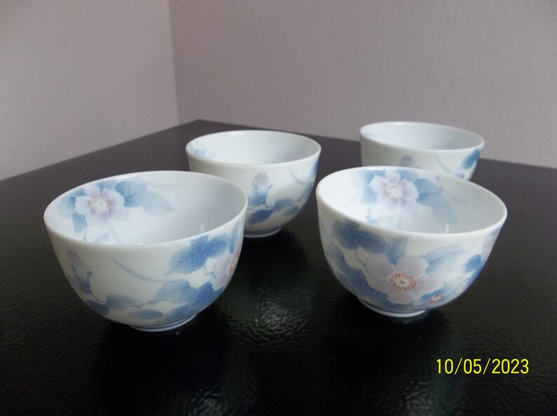 Asahi Small Porcelain Tea Set Bowls, White With Blue and Lavender ...
