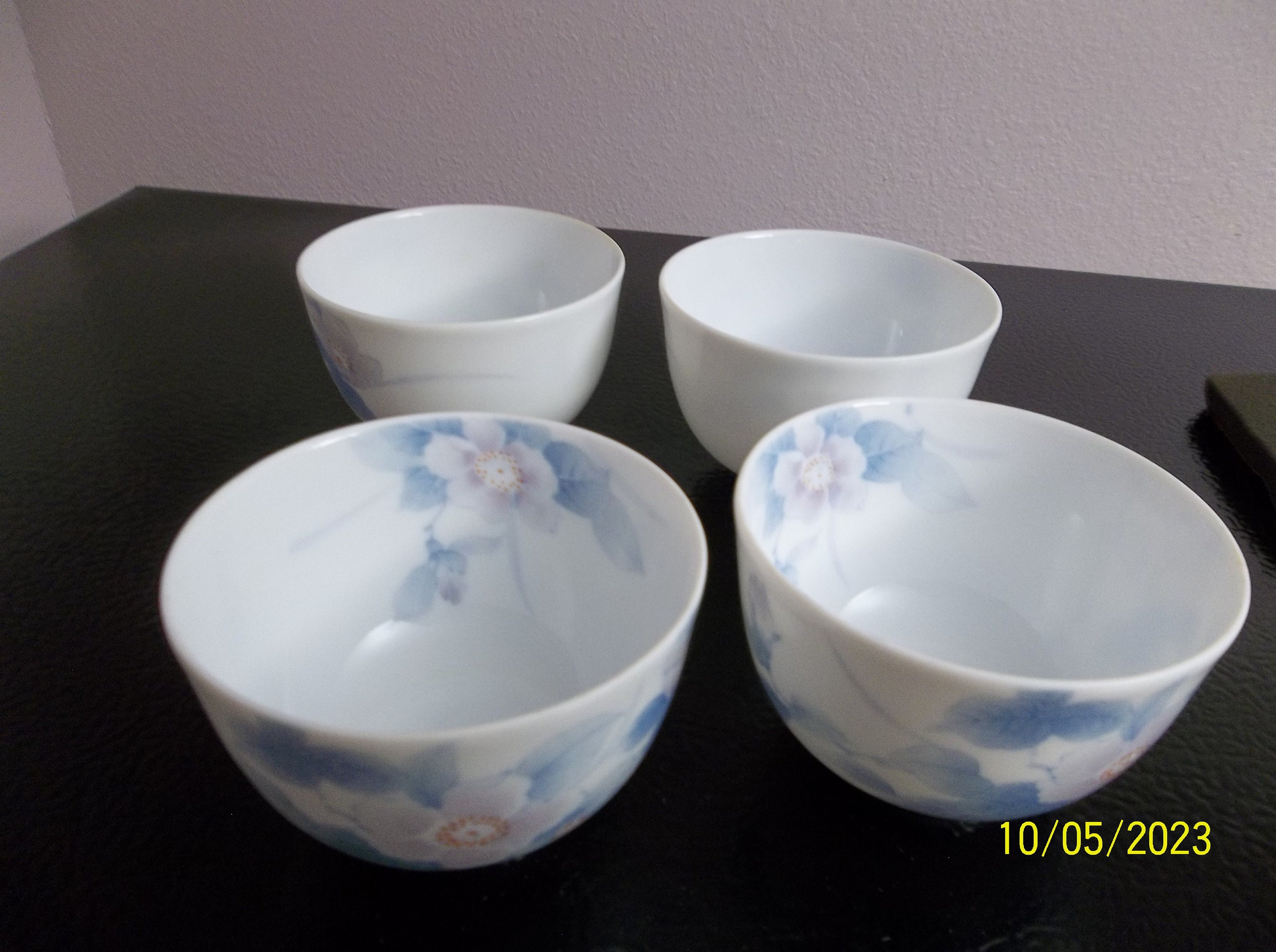 Asahi Small Porcelain Tea Set Bowls, White With Blue and Lavender ...