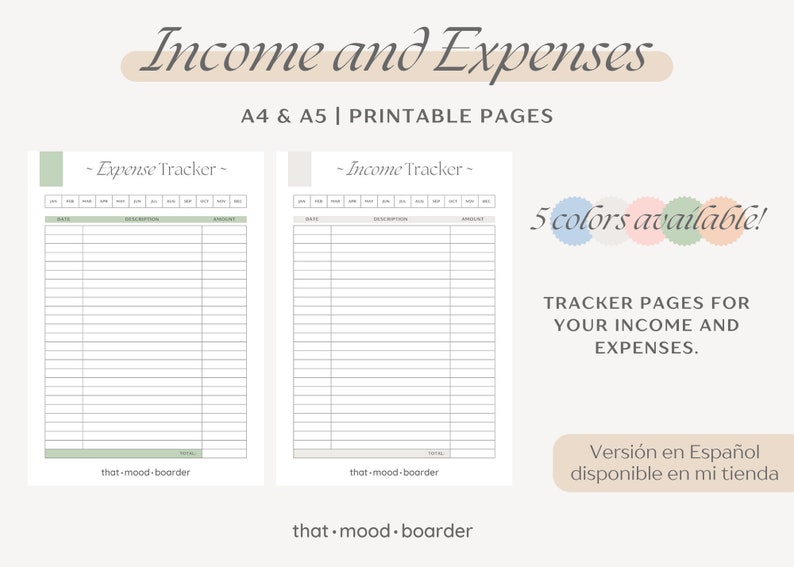 Income and Expenses Tracker Printable, Digital Pages, English Version ...