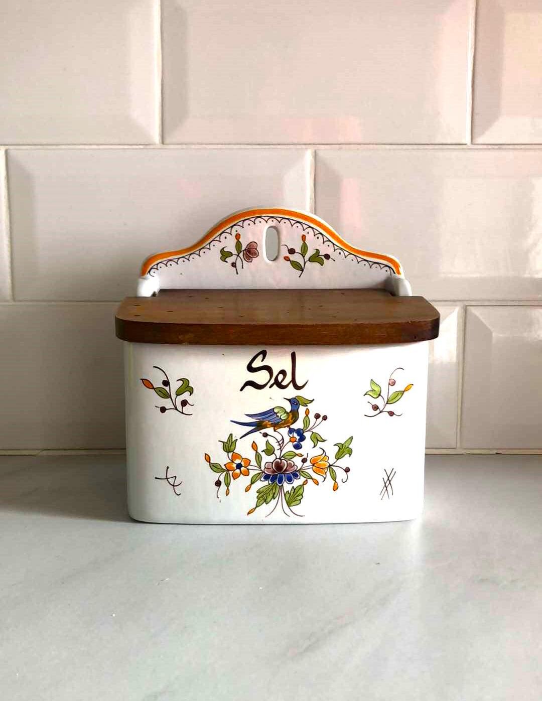 Vintage Salt Box Decor Flowers of Moustiers Ceramic With Wooden Lid ...