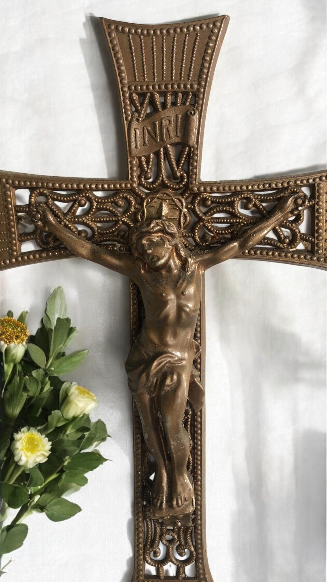 Antique Gilded Brass Wall Crucifix, Made in France, Vintage 1940s ...