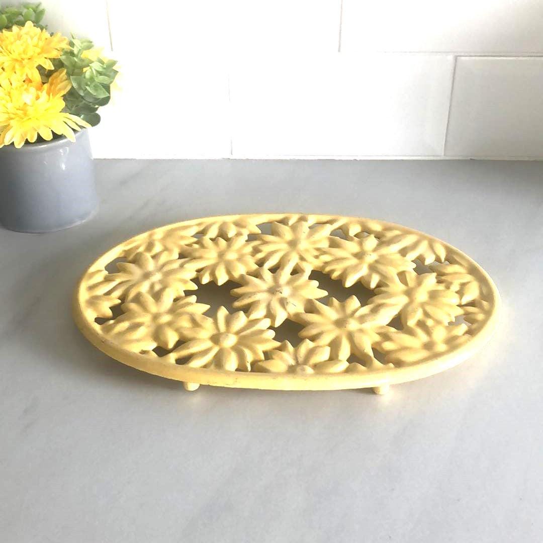 Old Oval Trivet in Enameled Cast Iron INVICTA Straw Yellow Flowers Made ...