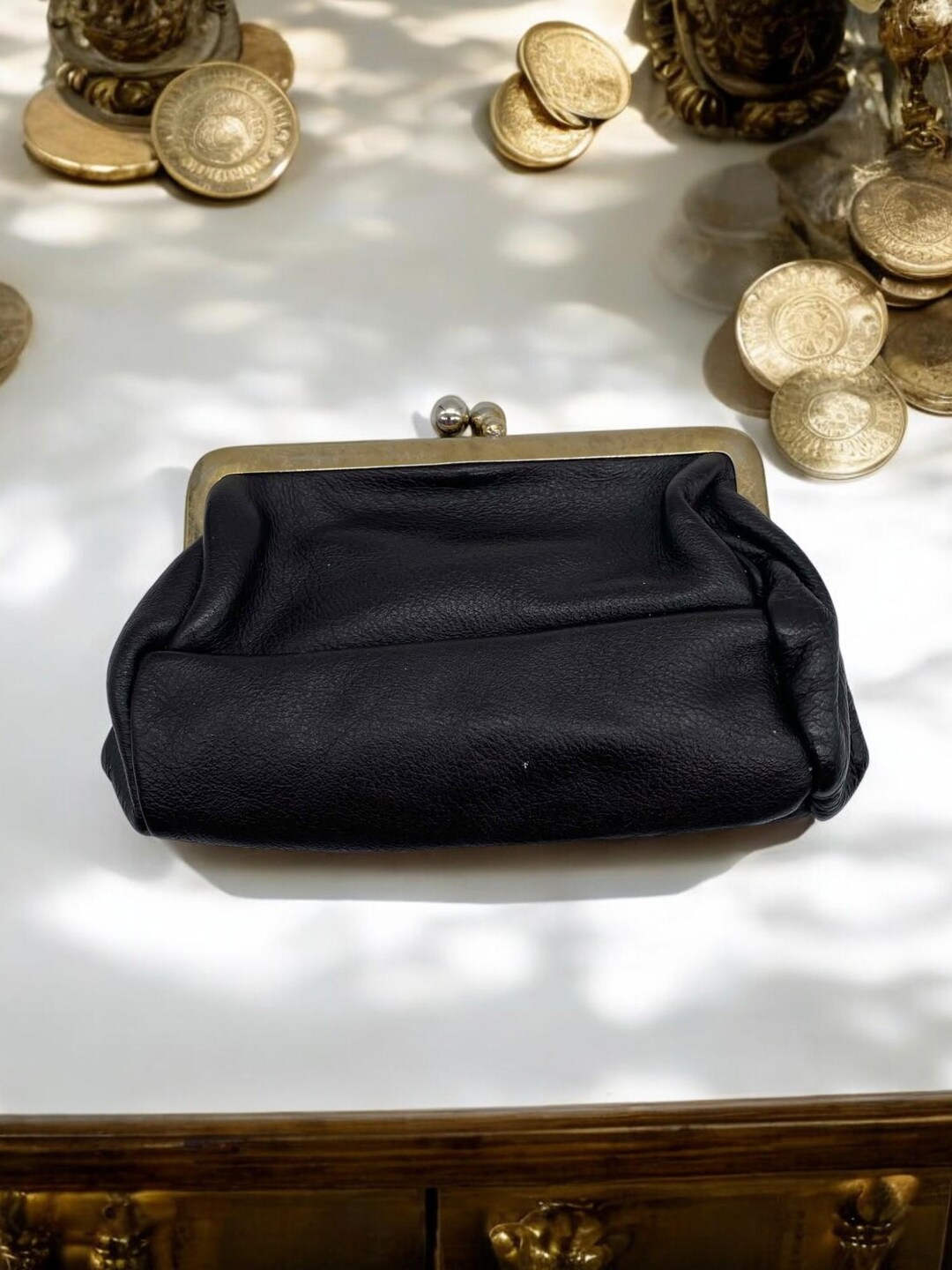 Vintage Black Leather and Gold Metal Coin Purse - French Art Deco ...