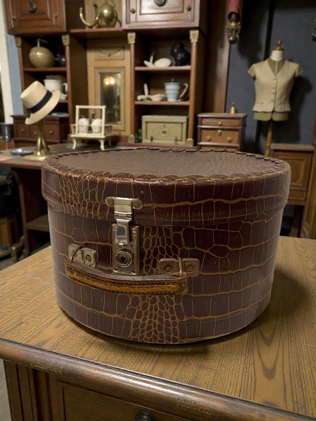Vintage Antique Hat Box, Rigid Cardboard, Imitation Crocodile, Leather ...