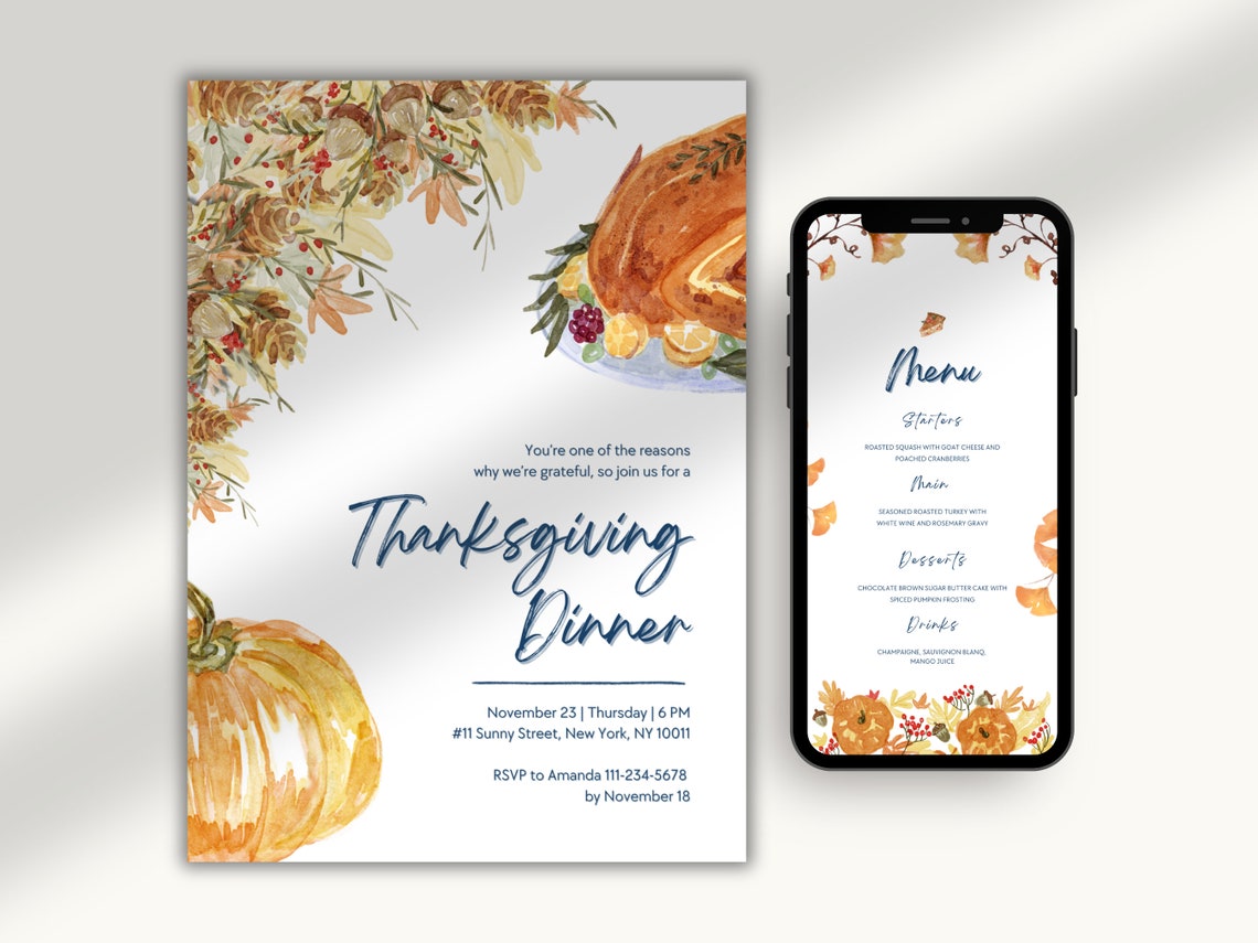 Thanksgiving Dinner Invitation and Menu Template Editable - Etsy