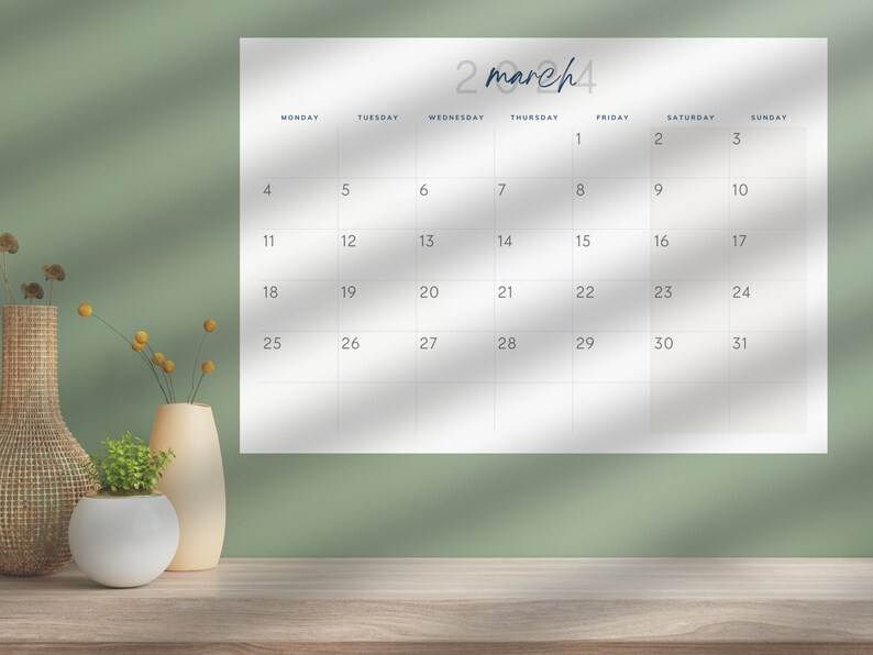 Printable Minimalist Calendar 2024 Aesthetic Monday and Sunday Start A4 ...