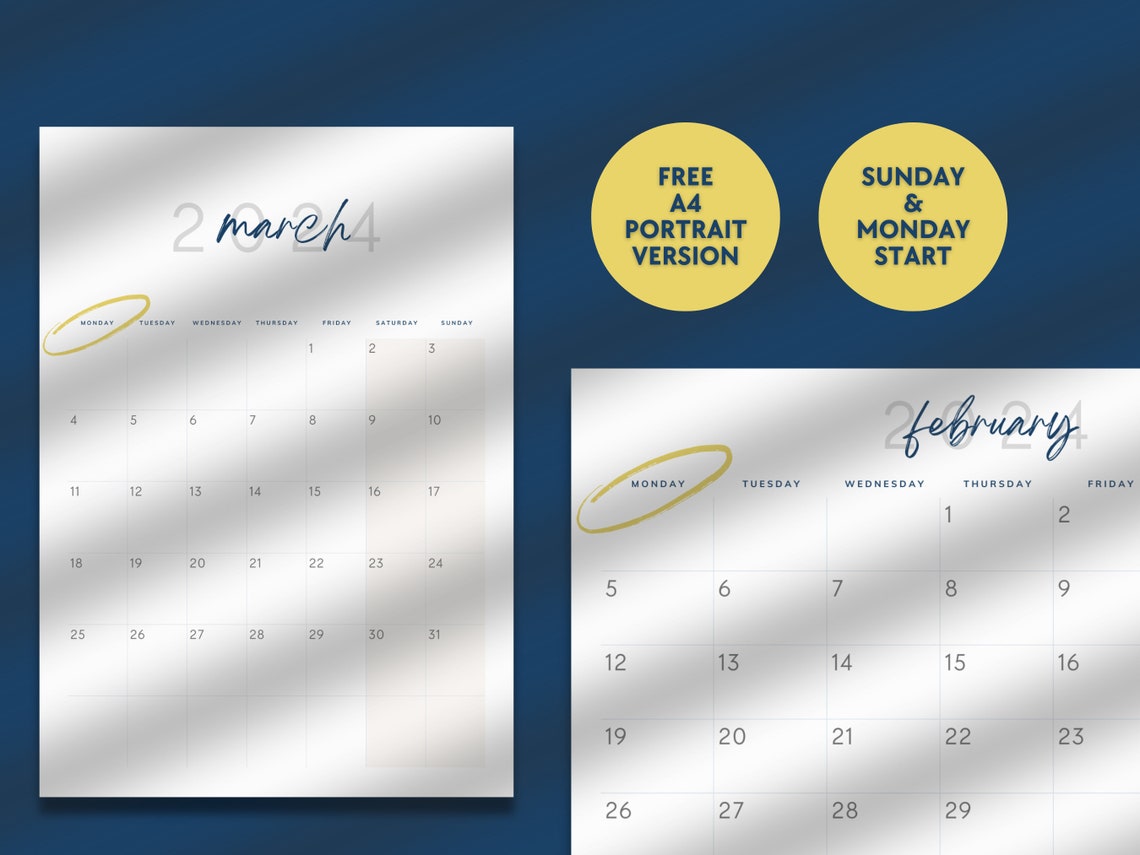 Printable Minimalist Calendar 2024 Aesthetic Monday and Sunday Start A4 ...