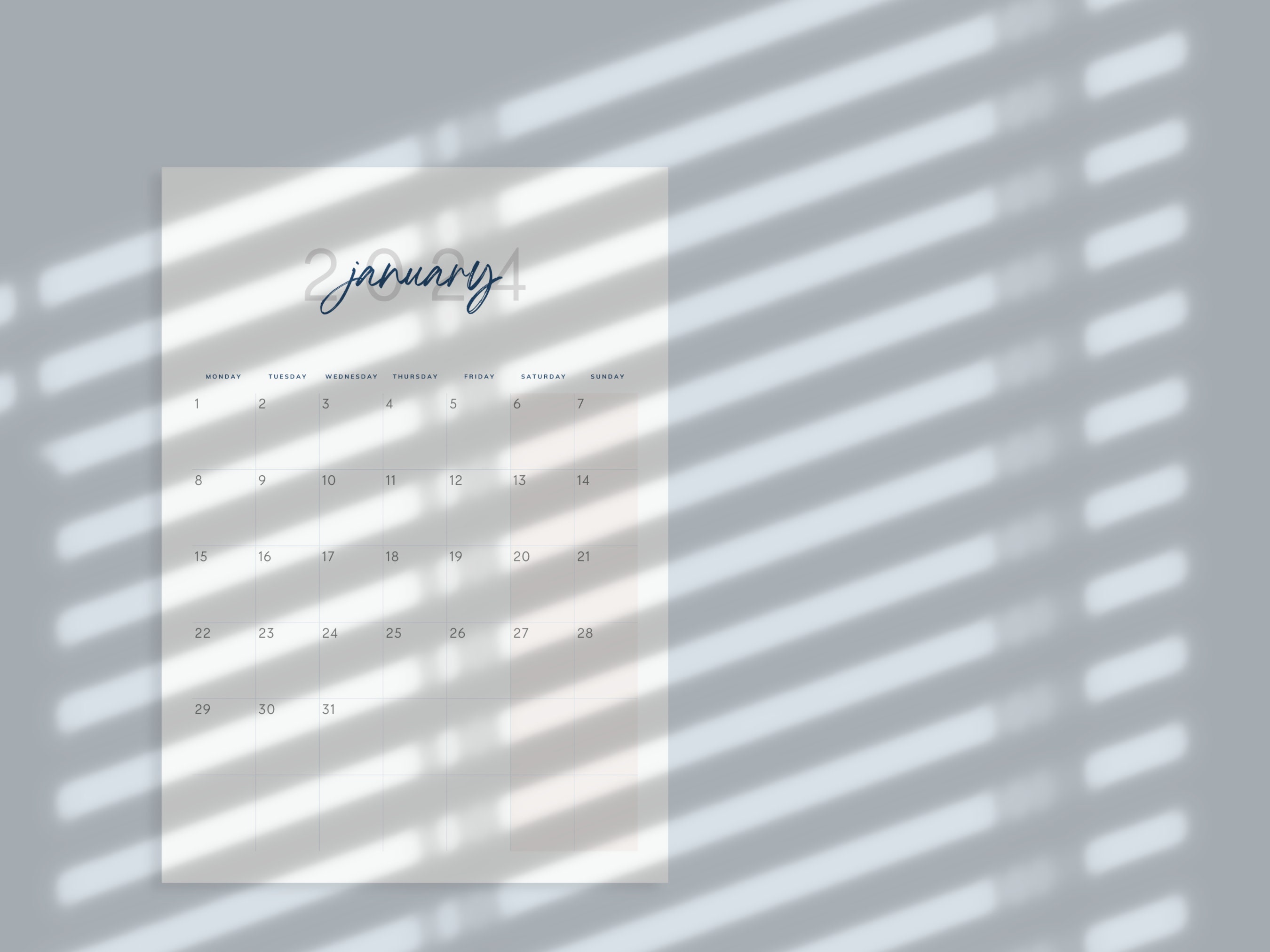 Printable Minimalist Calendar 2024 Aesthetic Monday and Sunday Start A4 ...